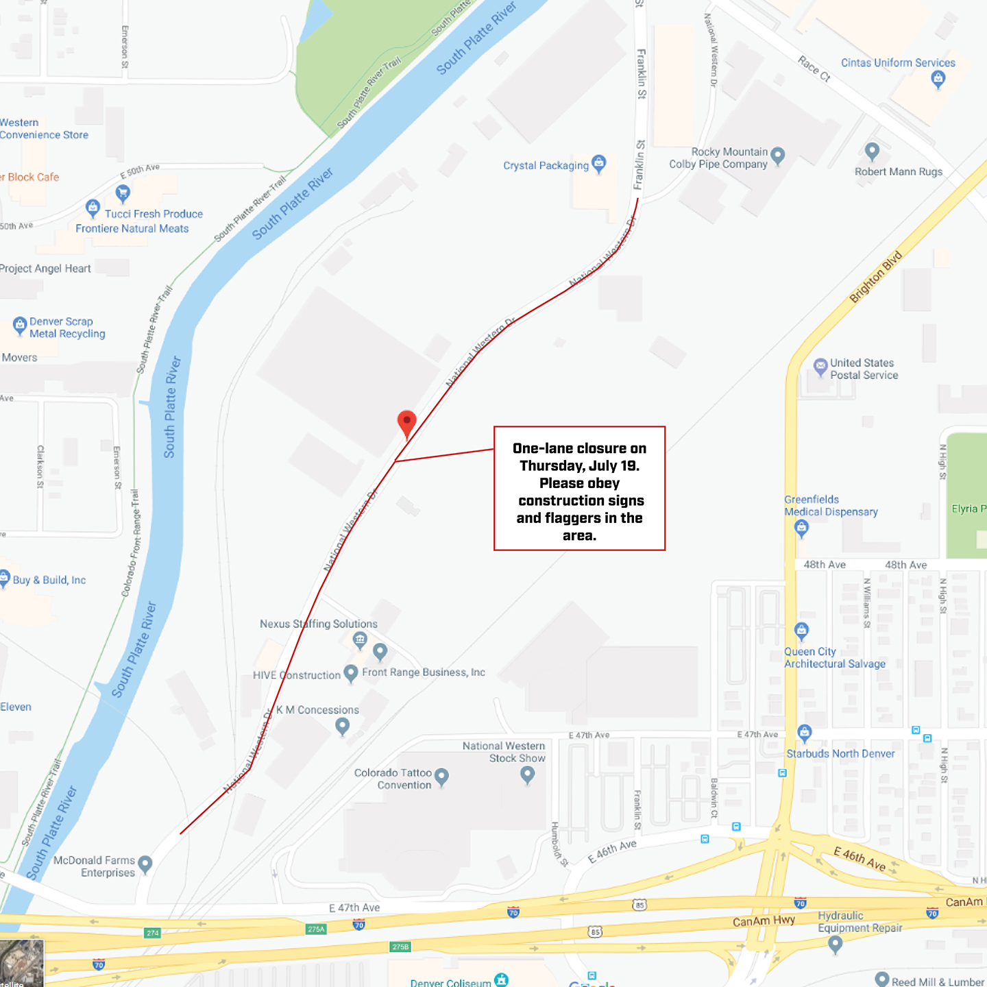 One-lane closure on Thursday, July 19 along National Western Drive ...